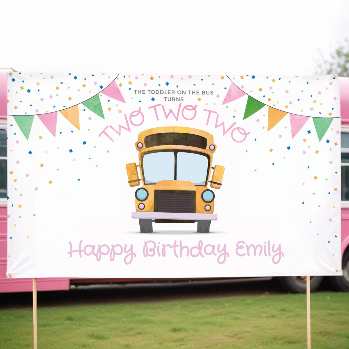 School Bus Party Sign Template in Pink, Wheels on the Bus 2nd Birthday