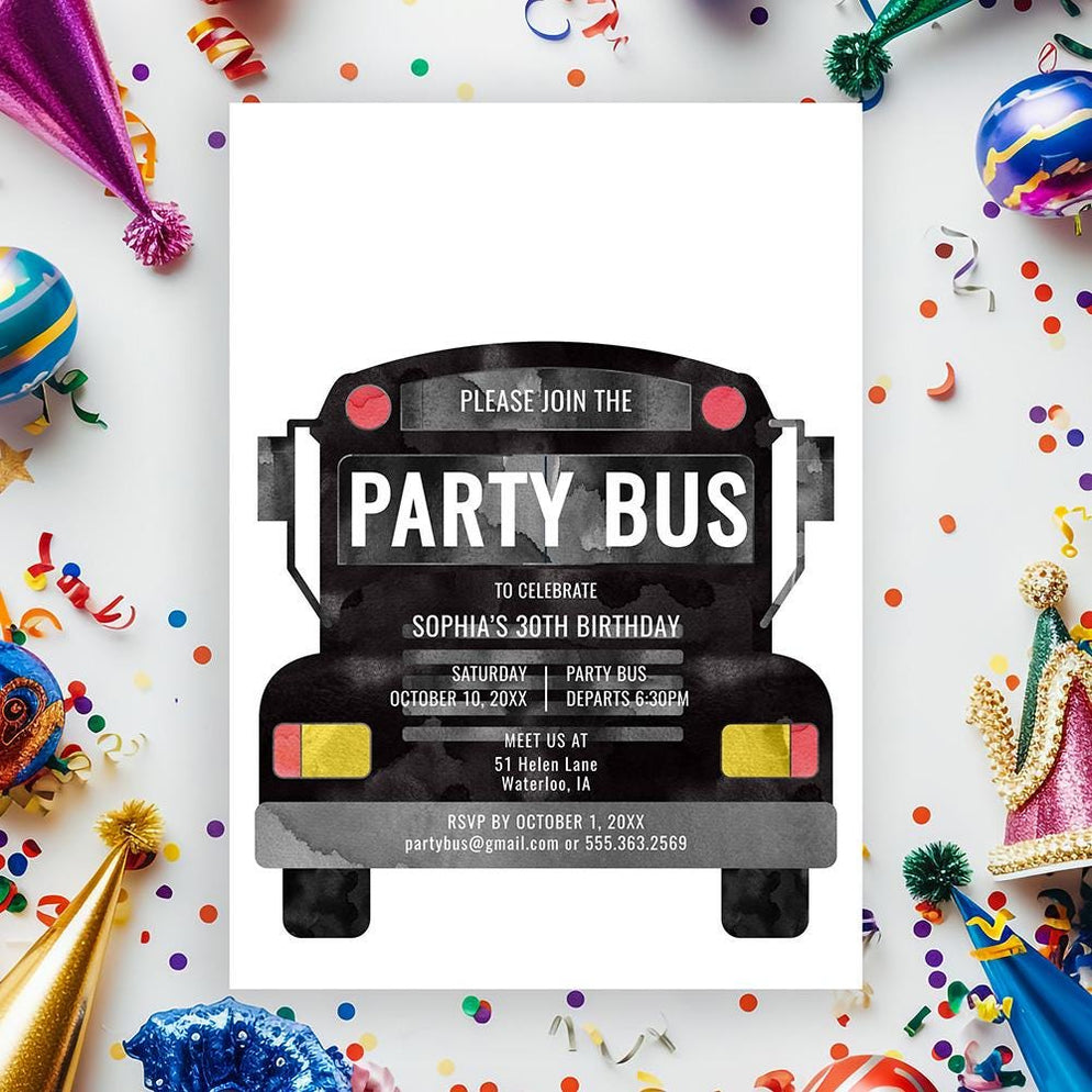Bus Birthday Party Invitation Template, Bar Crawl Bachelor Party Digit