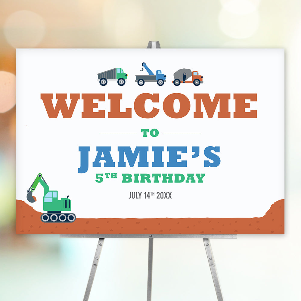 Welcome Sign for Kids' Construction Theme Birthday, Excavator and Dump
