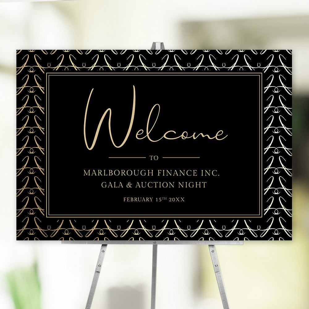 Gala and Auction Night Welcome Sign Featuring a Unique Gold Pattern, E