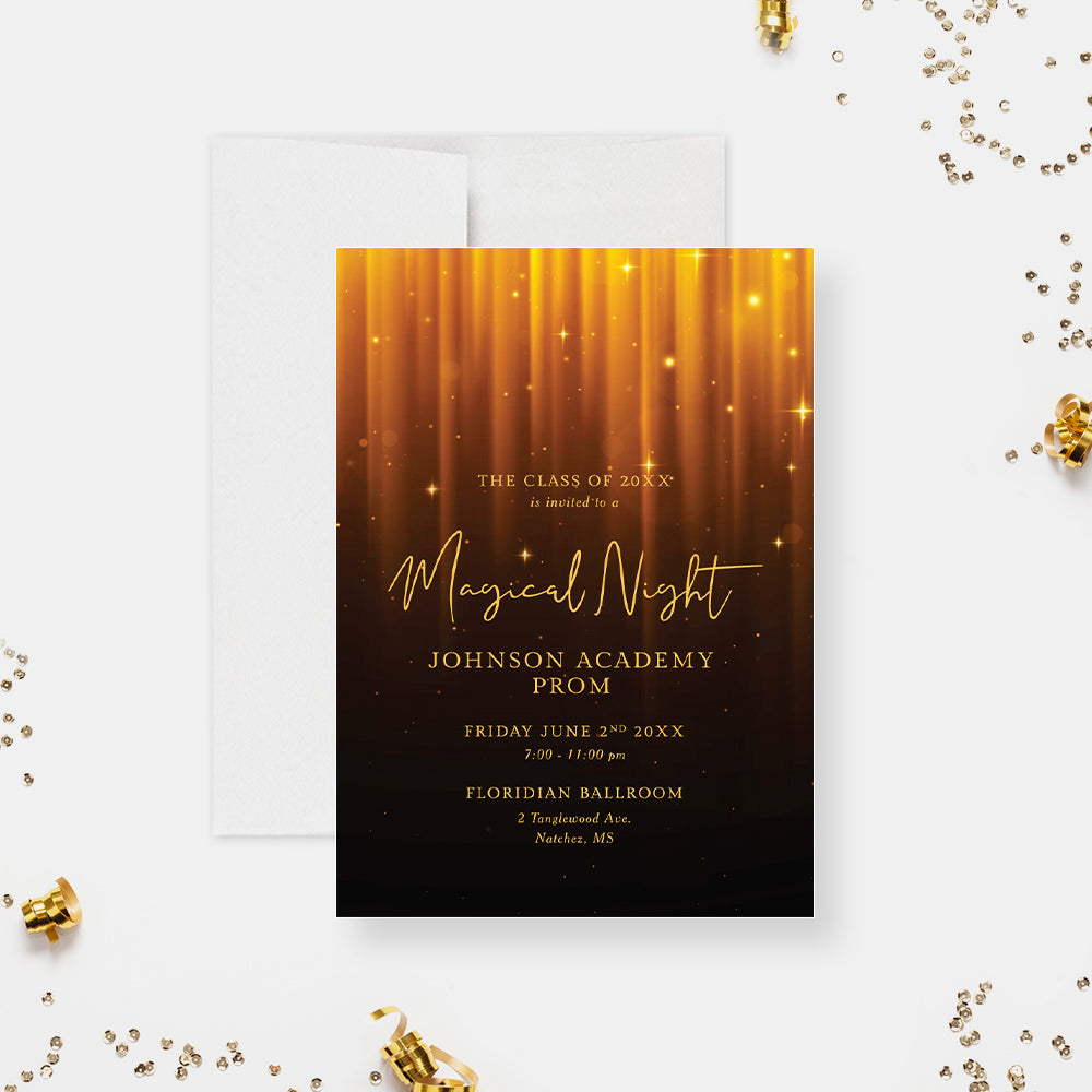 Magical Night Prom Invitation Card, Classy Black and Golden Sparkles S