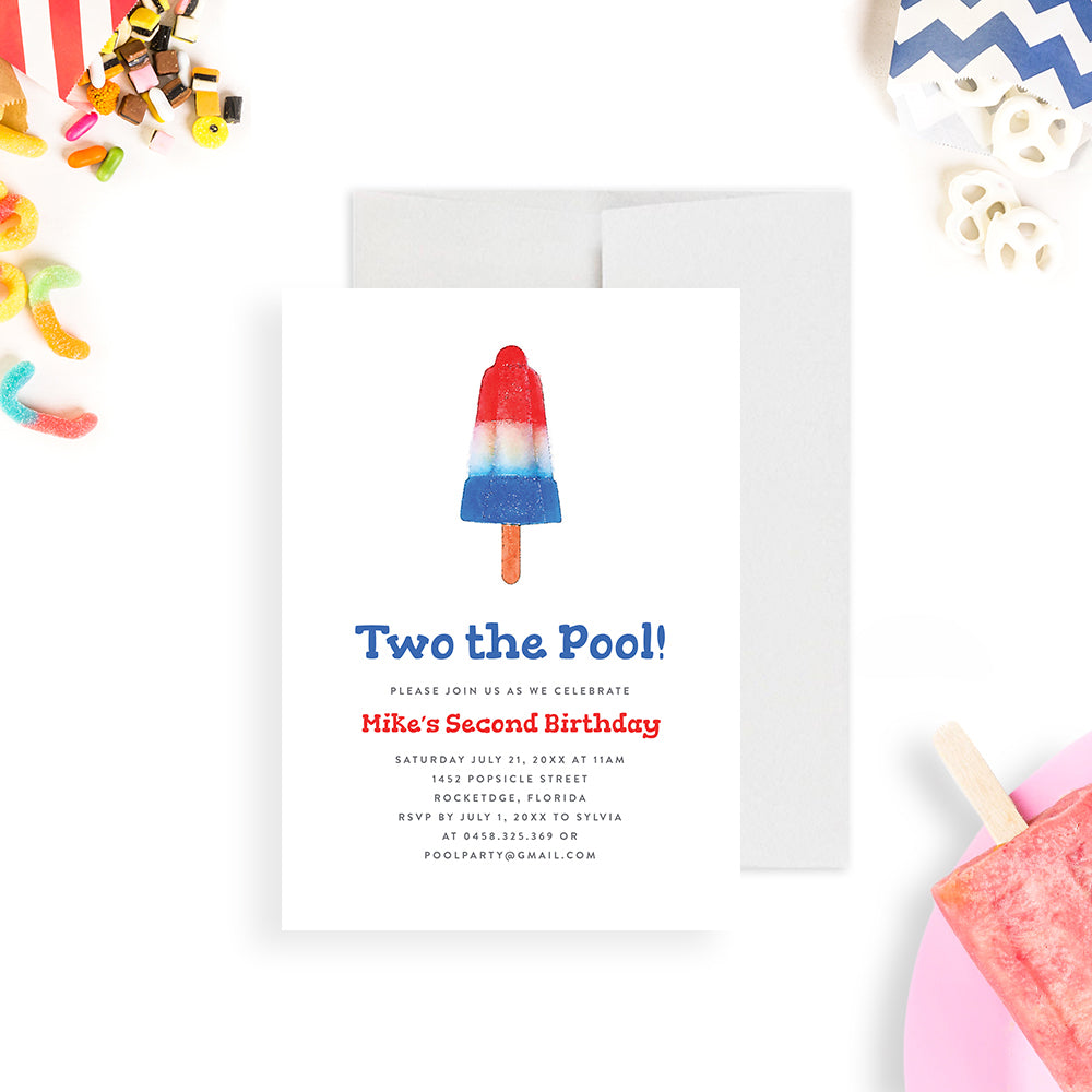 Ice Pop Invitation Card for 2nd Birthday Pool Party, Two the Pool Summ