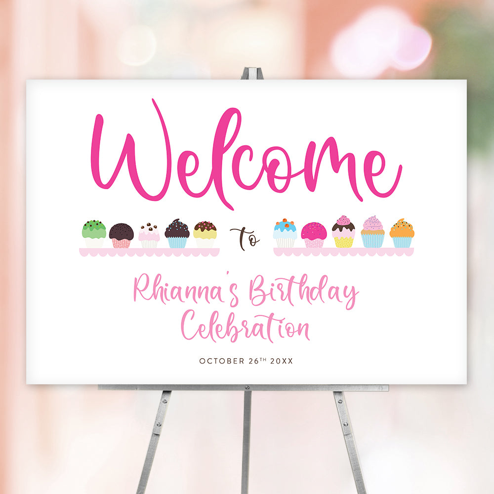 Fun and Colorful Birthday Welcome Sign with Cute Cupcakes, Cake Decora