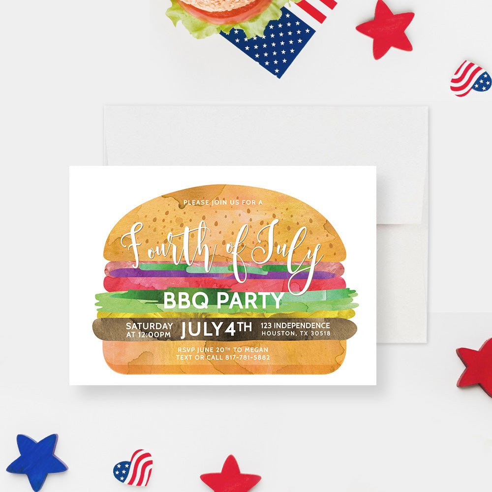 4th of July BBQ Party Invitation Digital Download with Burger Illustra