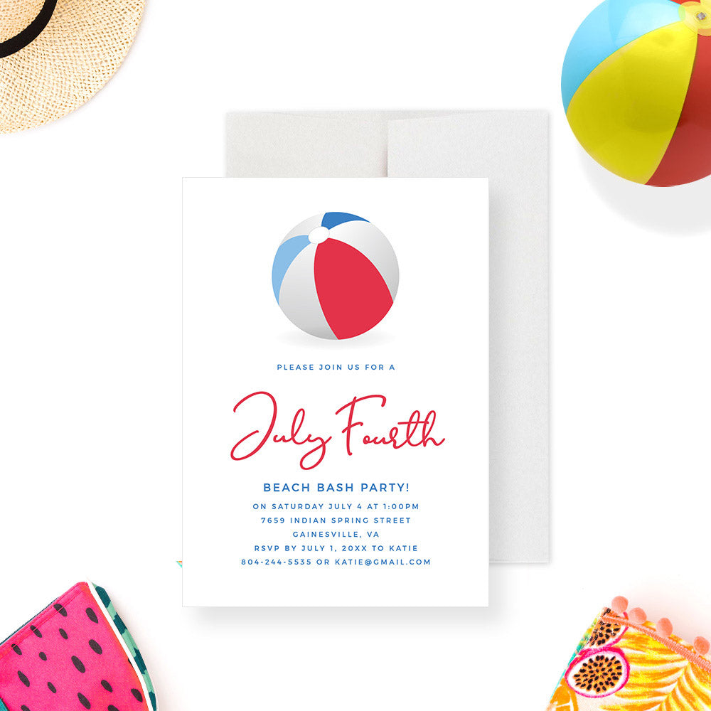 July 4th Beach Party Invitation Digital Download with Ball US Flag Col