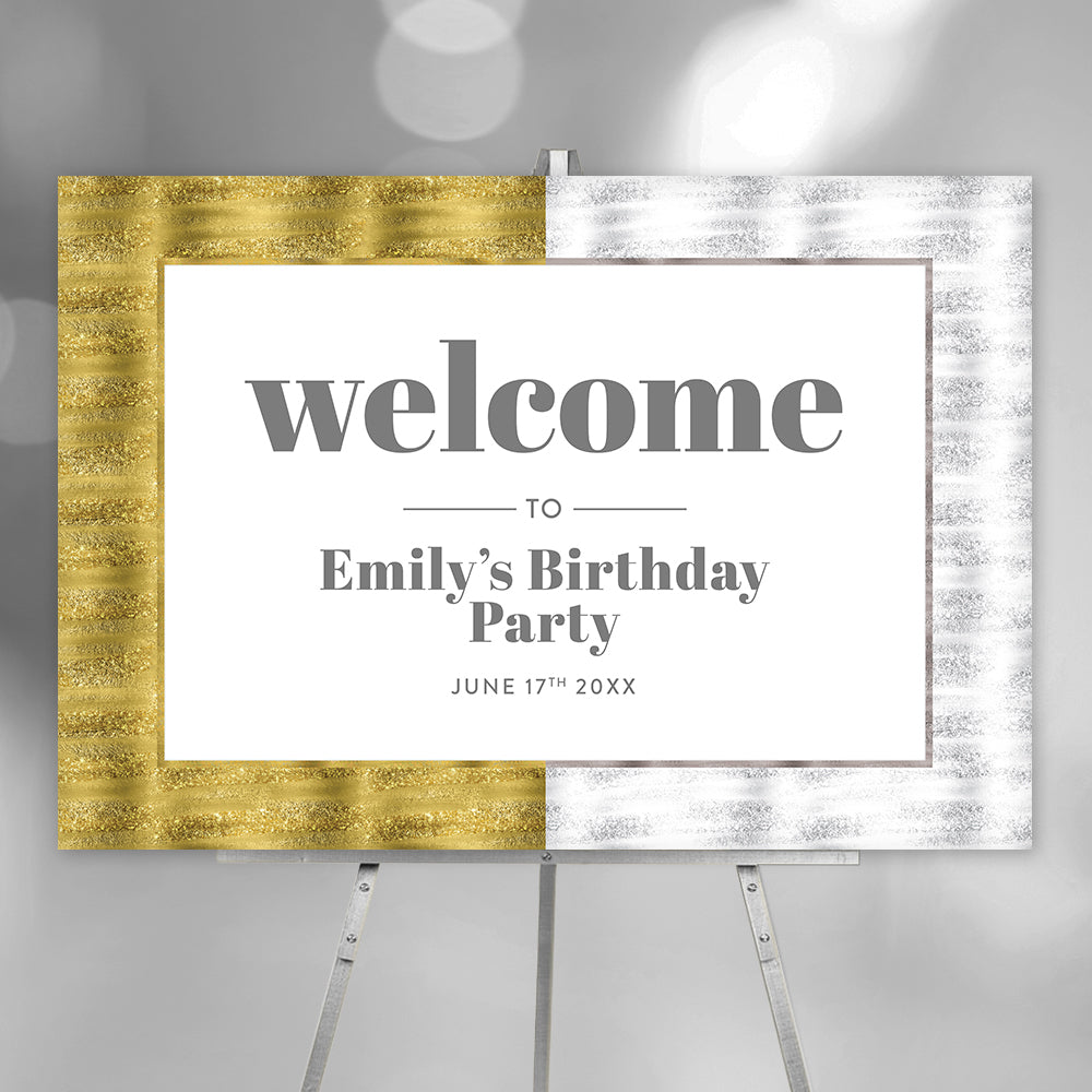 Modern Glam Welcome Sign for Adult Birthday Party in Gold and Silver,