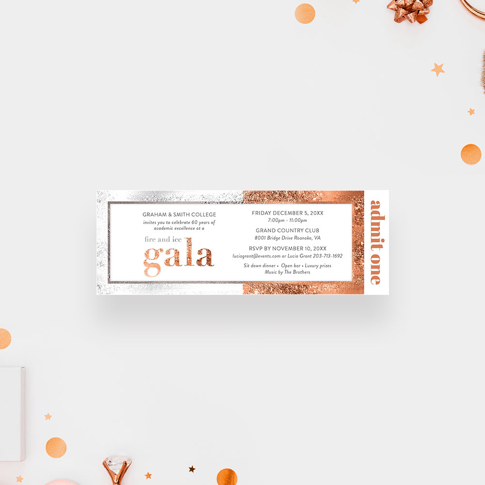 Silver and Copper Ticket Invitation for Gala Party, Fire and Ice Theme