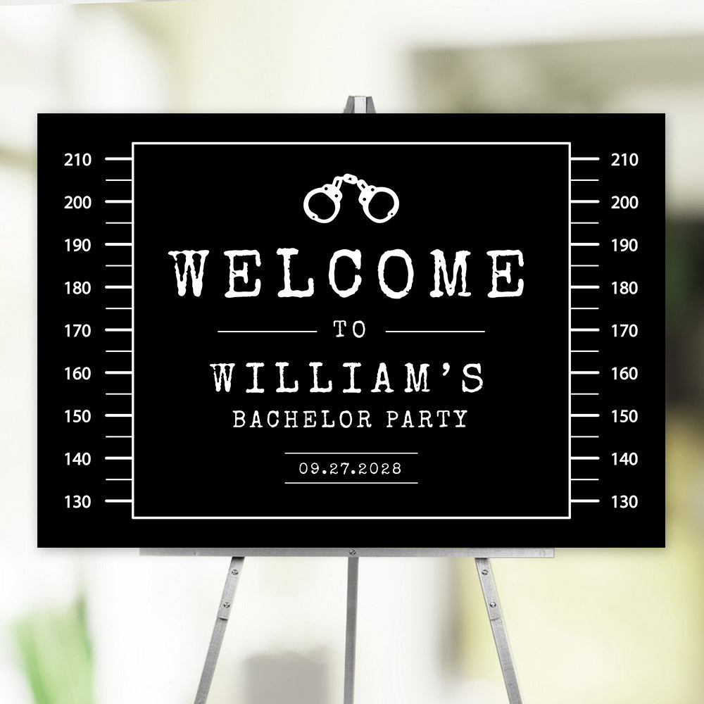 Mugshot-Style Bachelor Party Welcome Sign, Stag Party Sign with Handcu