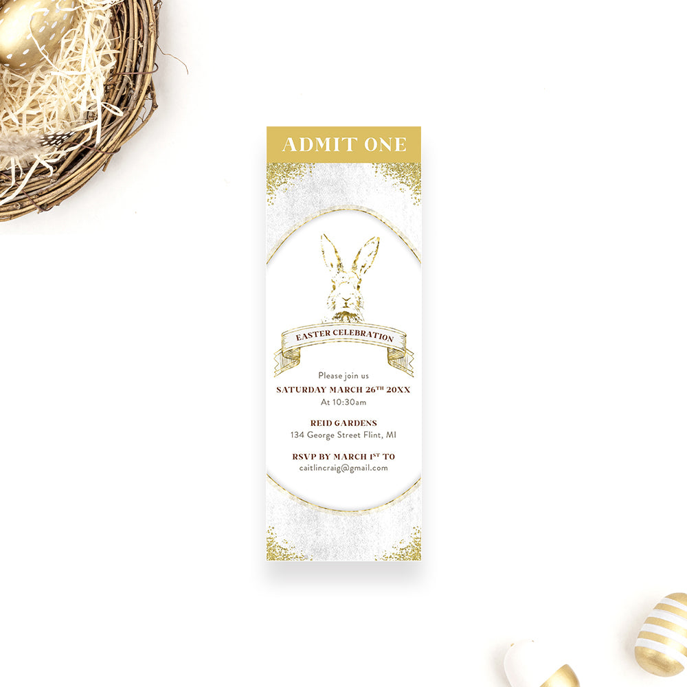 Easter Party Ticket Invitation, Rabbit Themed Birthday Tickets, Elegan ...