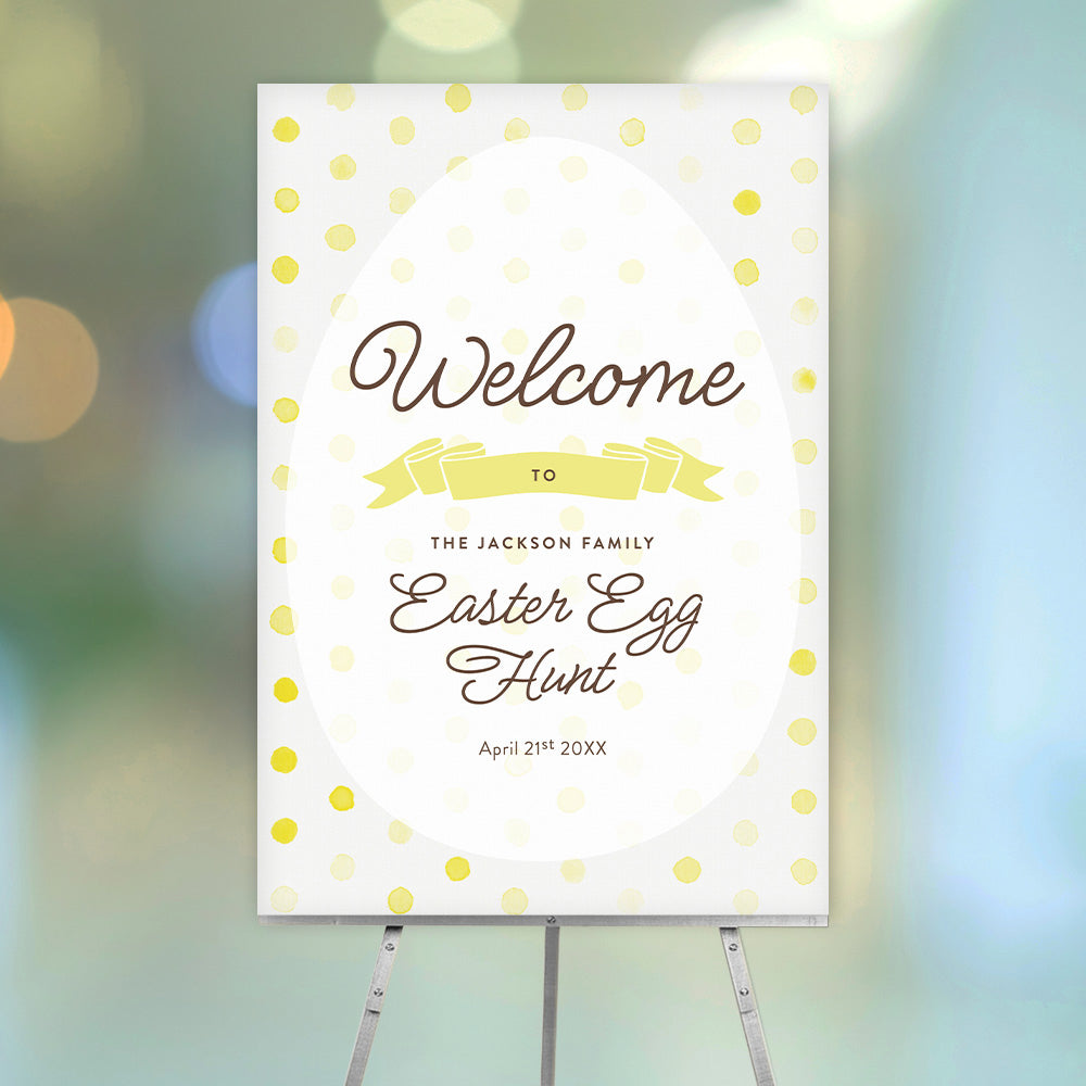 Easter Egg Hunt Welcome Sign for Kids and Families Featuring Yellow Ri