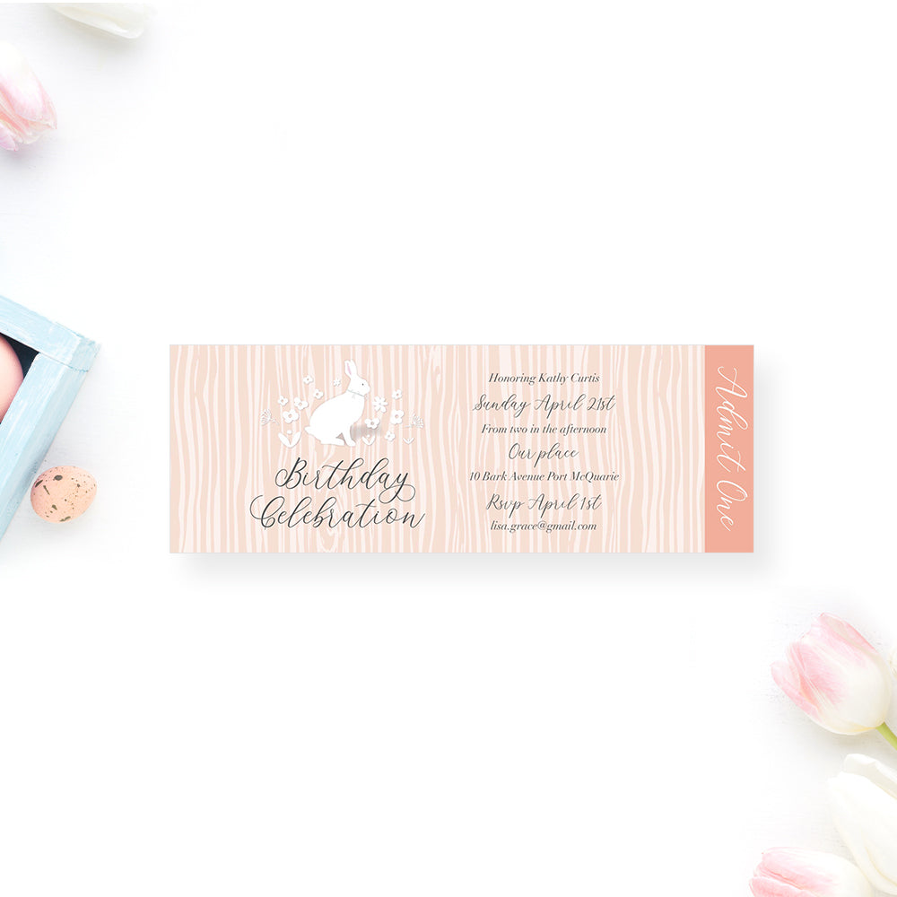 Cute Bunny Ticket Invitation Card, Rabbit Themed Birthday Ticket Invit