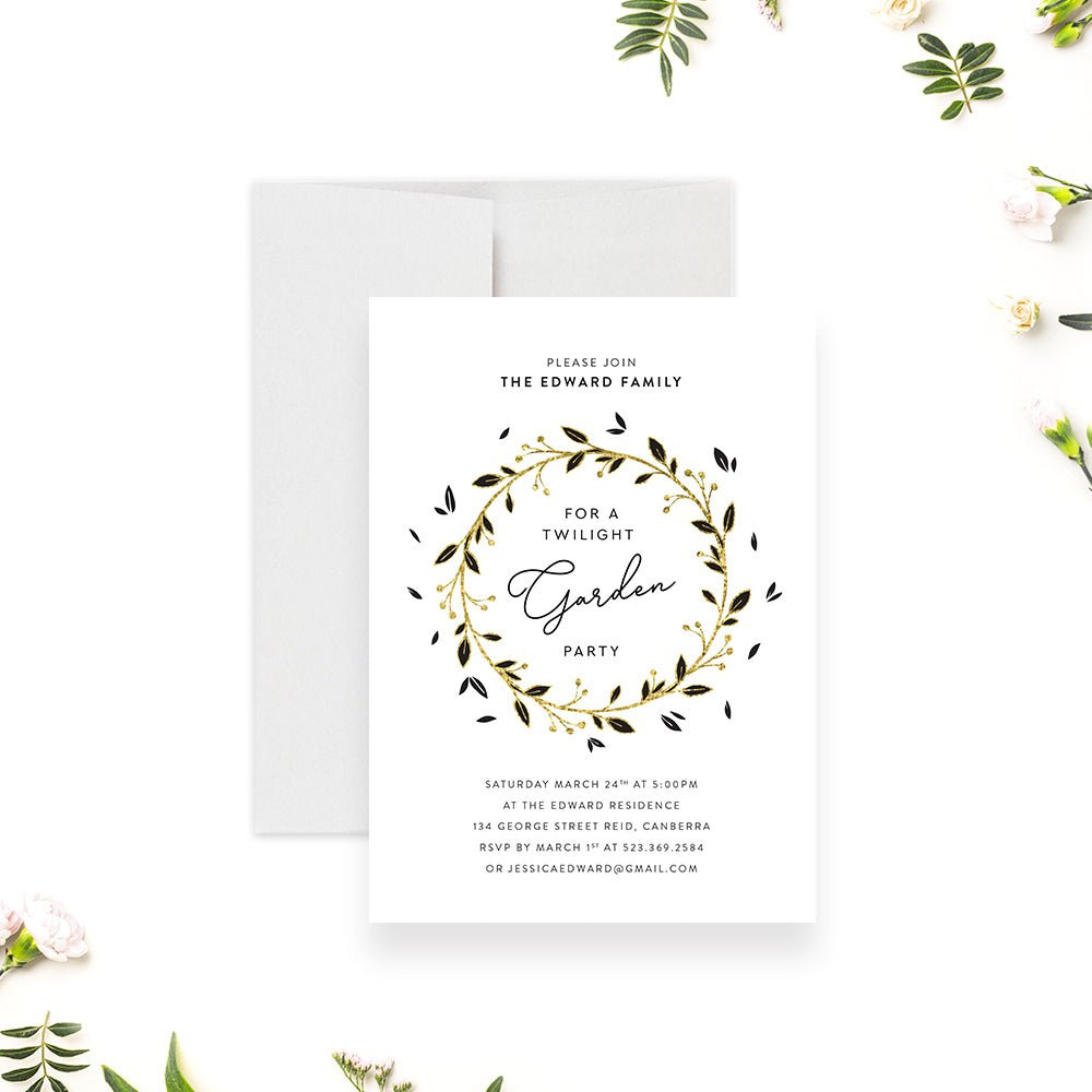 Black and Gold Invitation Card for Twilight Garden Party, Spring Backy ...