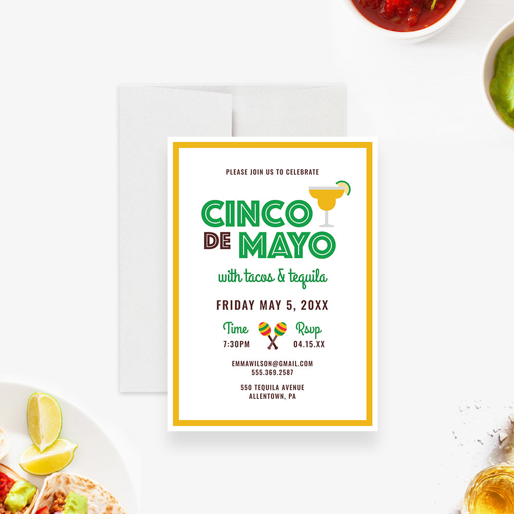 Tacos and Tequila Party Invitation Card, Cinco De Mayo Invites, Mexica