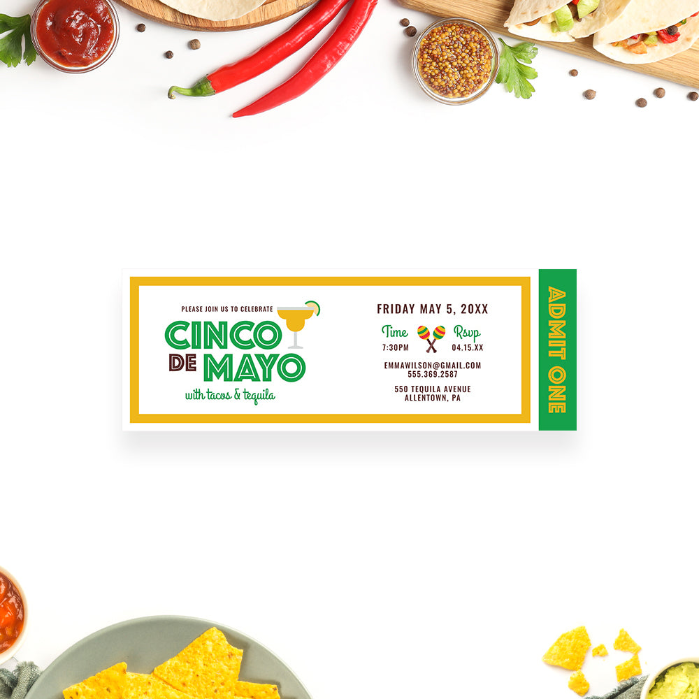 Tacos and Tequila Party Ticket Invitation, Cinco De Mayo Ticket Card ...