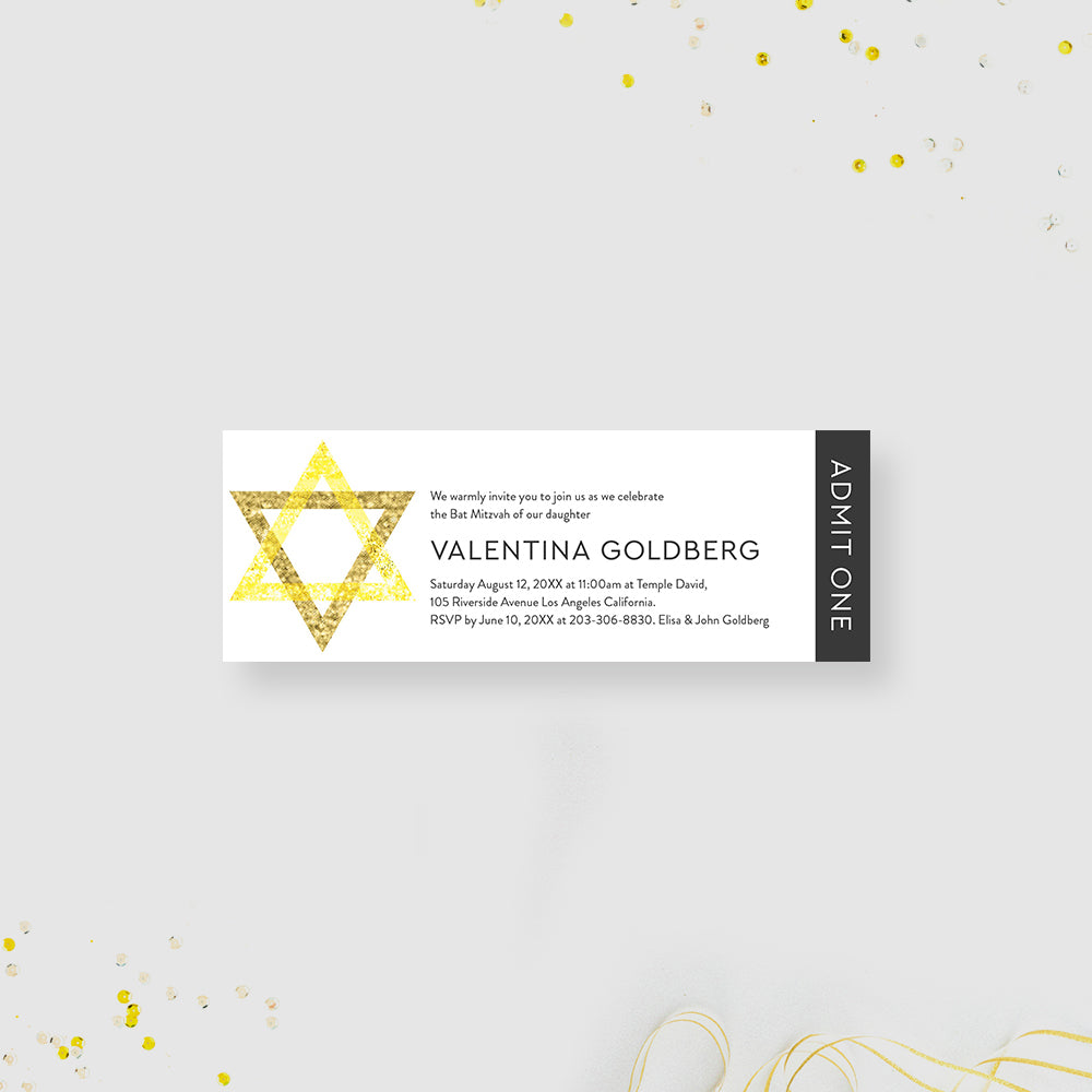 Bat Mitzvah Ticket Invitation Cards, Jewish Religious Party Ticket Pas