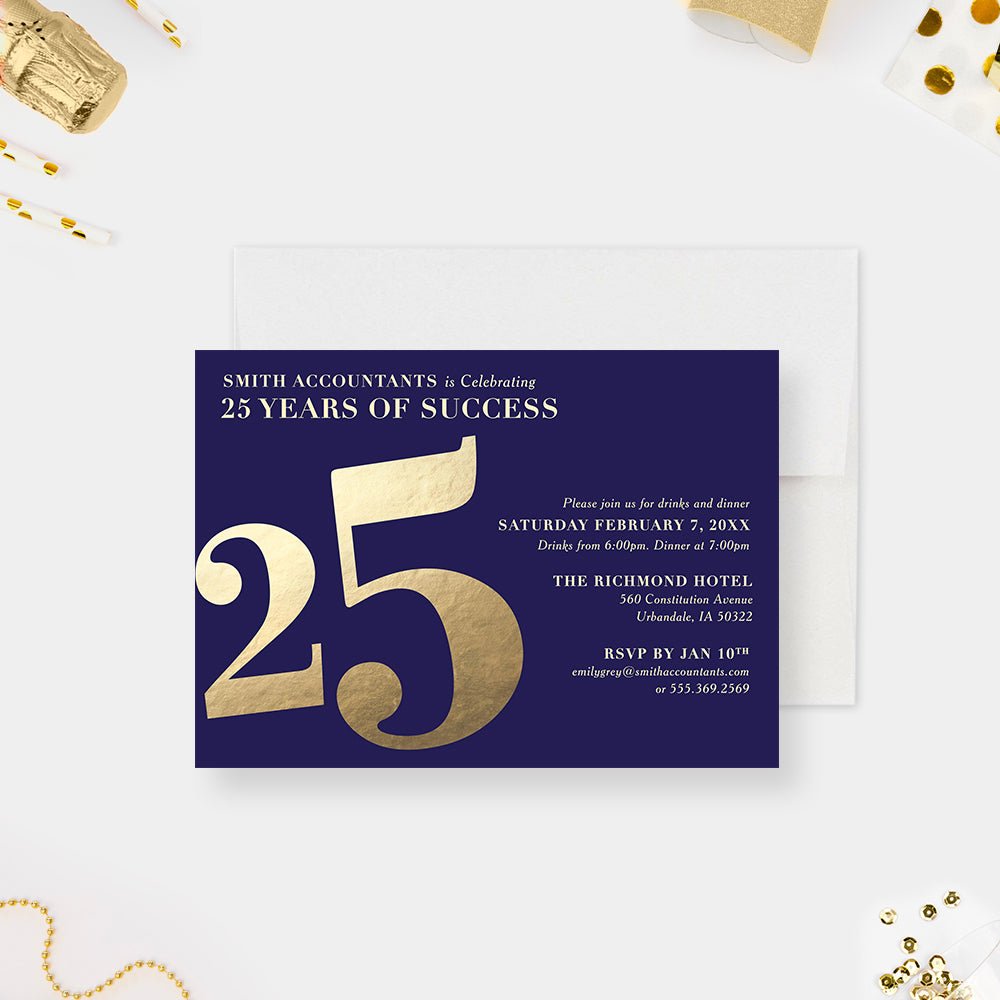 Blue and Gold Invitation Card for 25 Years of Success in Business Cele