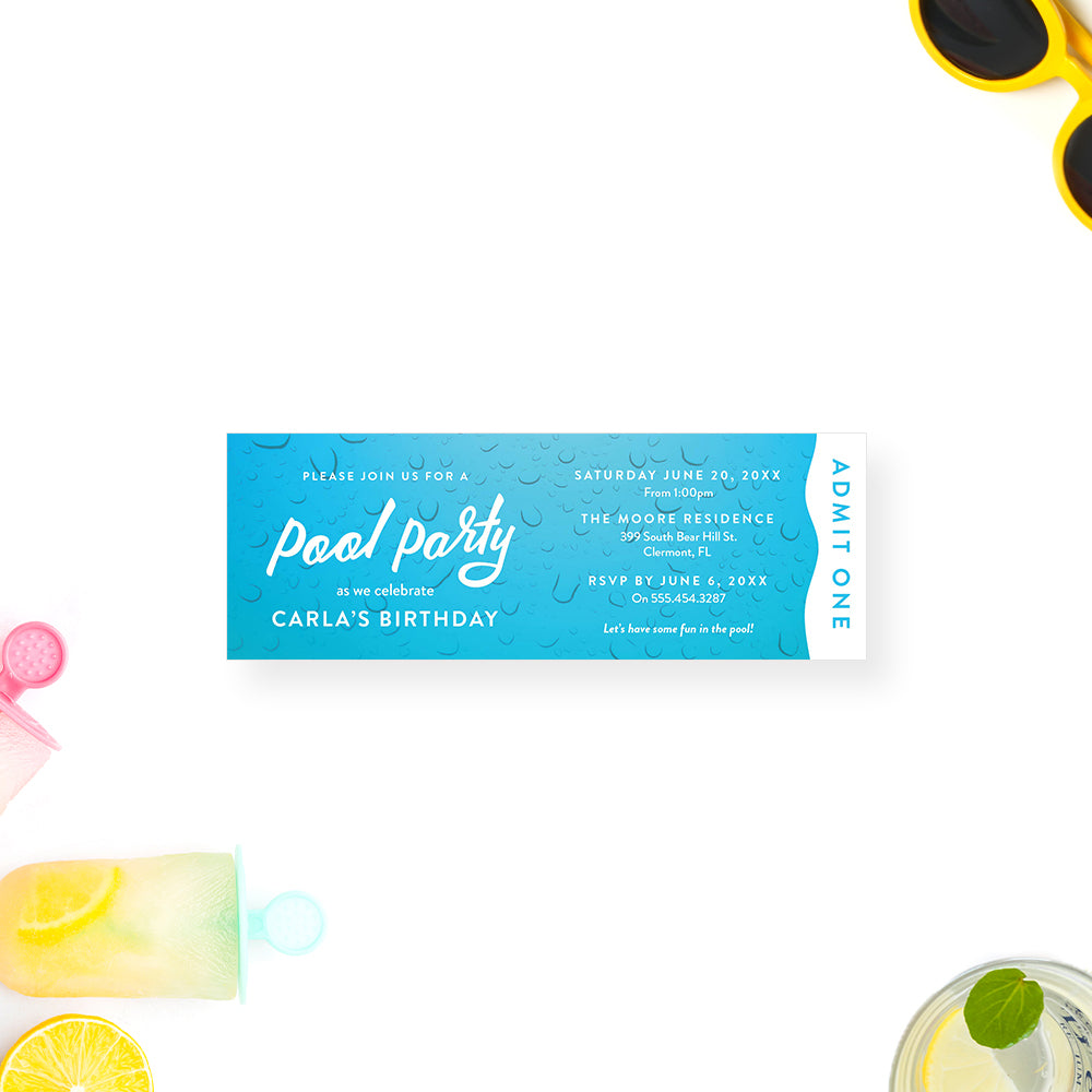 Fun Pool Party Ticket Invitation For Kids, Summer Pool Party Invitatio