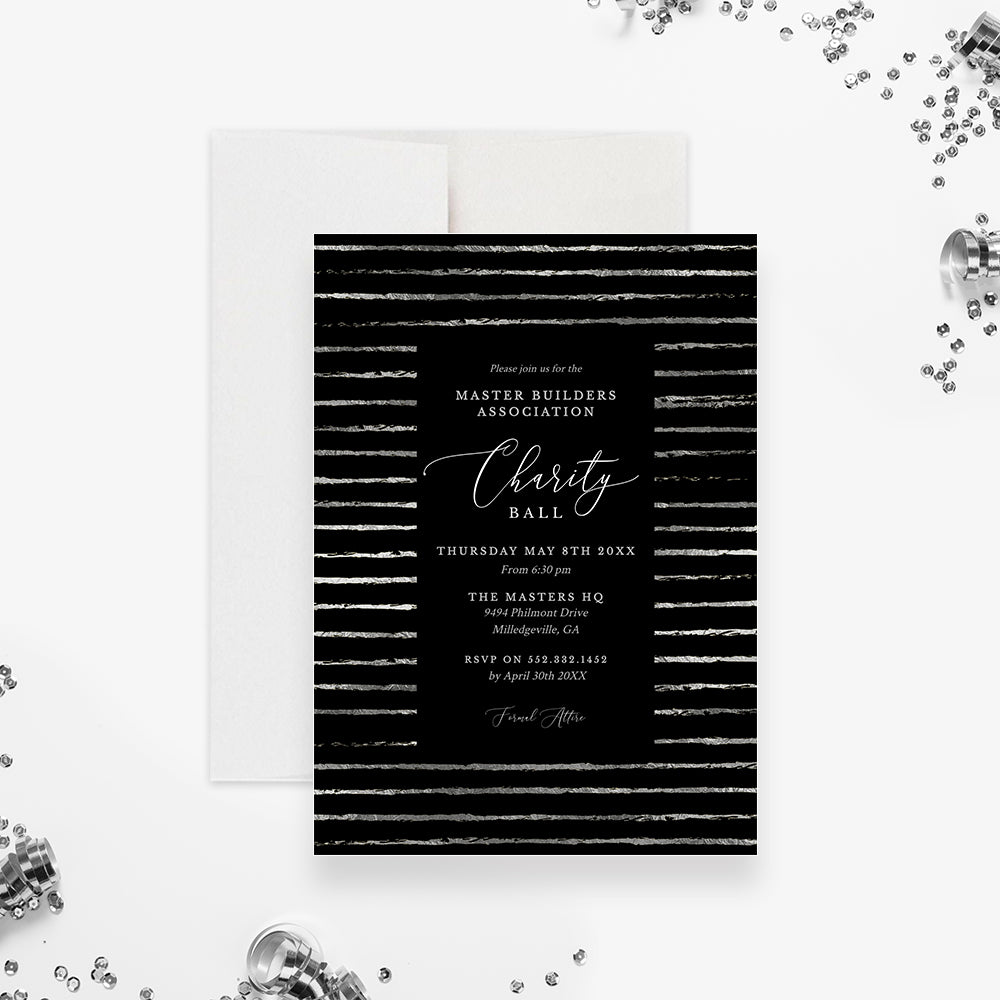 Elegant Black and Silver Charity Ball Invitation Template, Editable Fo