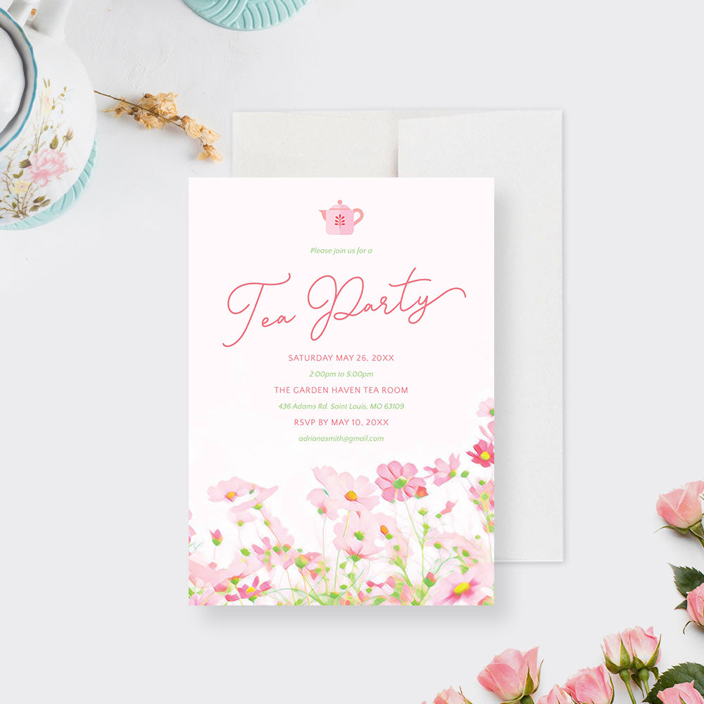 Pink Flowery Tea Party Invitation Card, Garden Tea Party Invitation, T