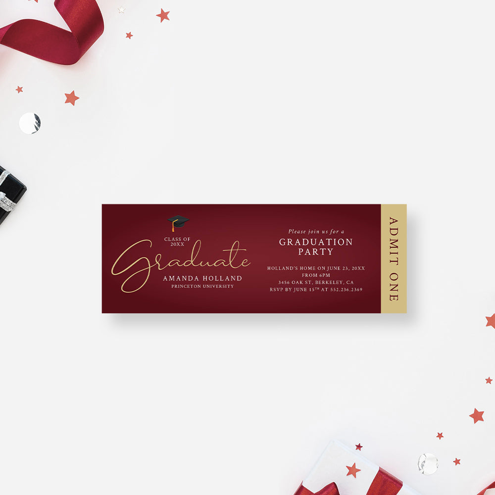 Burgundy Ticket Invites for Graduation Party, Grad Party Ticket, Minim