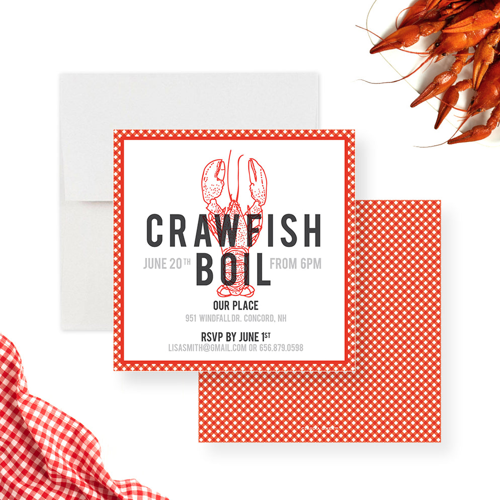 Crawfish Boil Invitation Card with Plaid Design, Crayfish Birthday Par