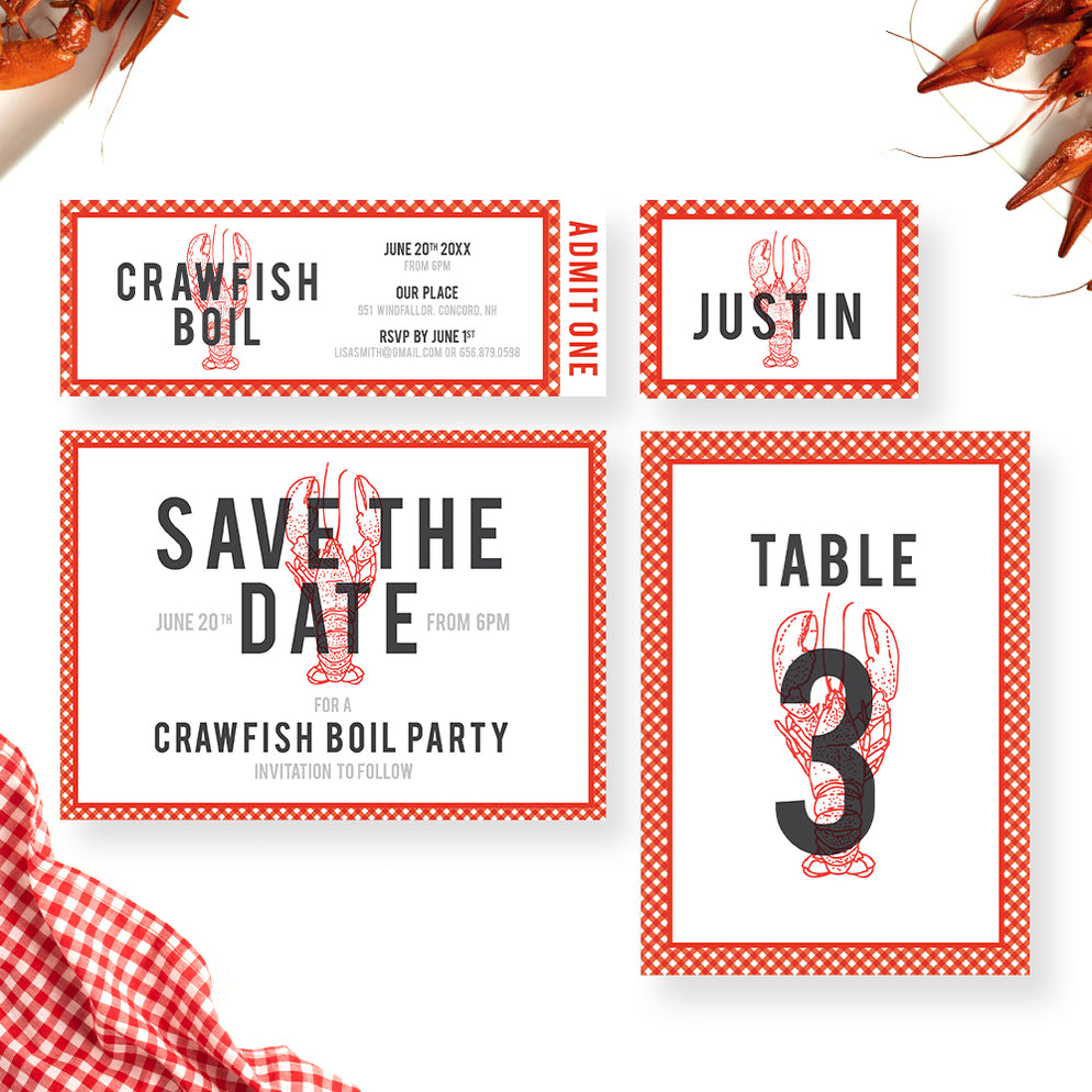Crawfish Boil Invitation Card with Plaid Design, Crayfish Birthday Par