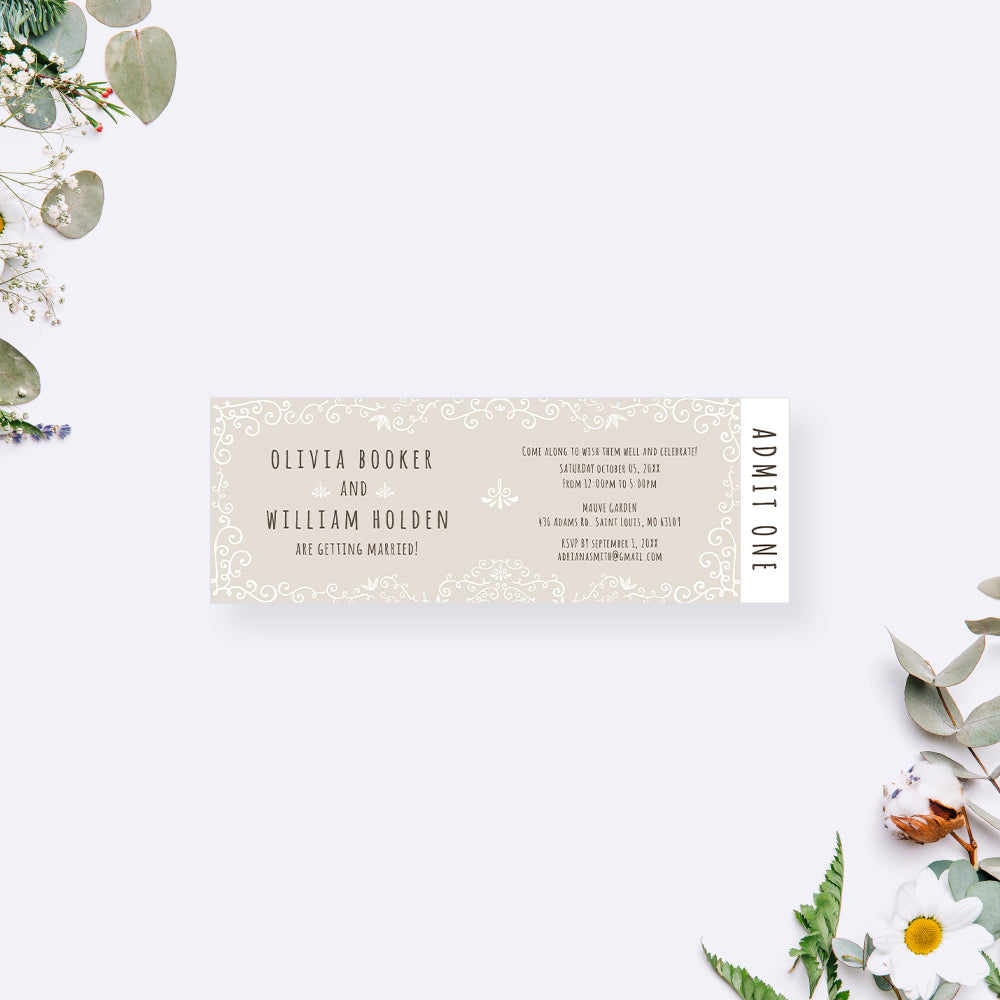 Bohemian Ticket Invitation Card for Wedding, Elegant Rustic Wedding Ti