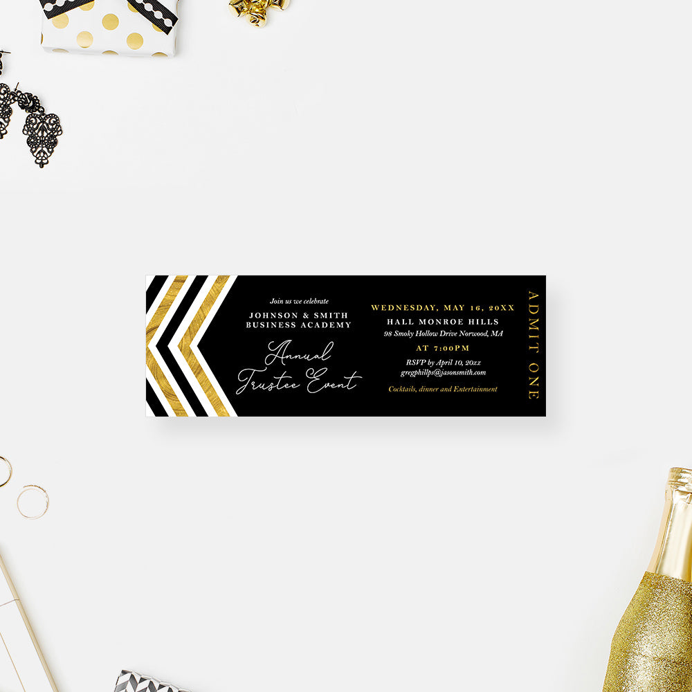 Black and Gold Ticket Card for Annual Trustee Event, Elegant Ticket In