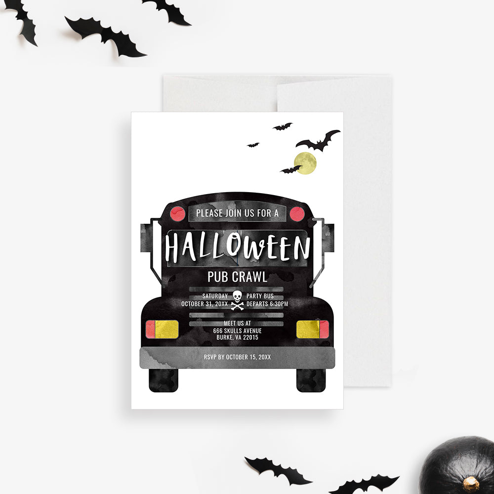 Halloween Party Bus Invitation Template, Bus Birthday Bar Crawl Instan ...