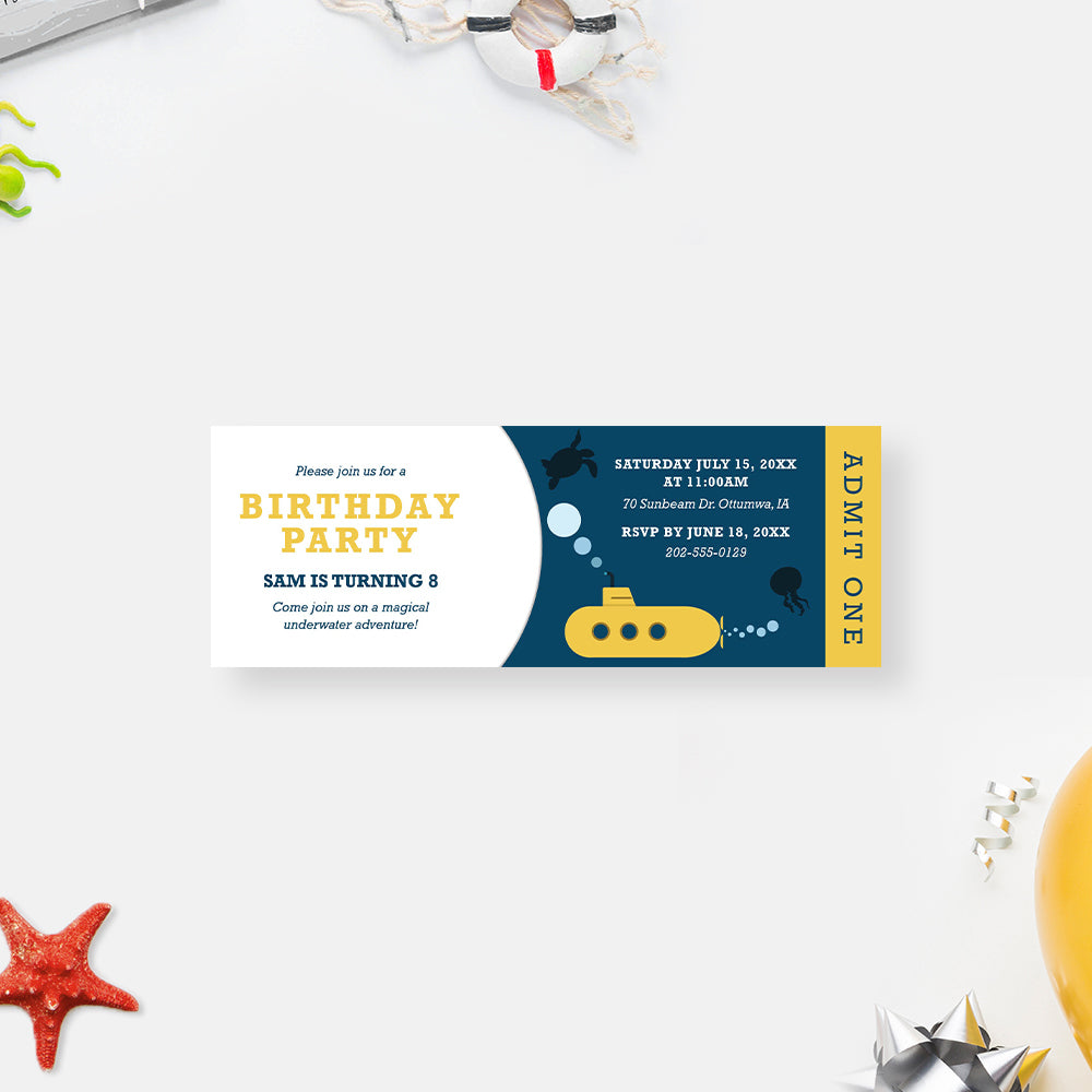 Under The Sea Ticket Invitation for Kids Birthday Party, Ticket Invite