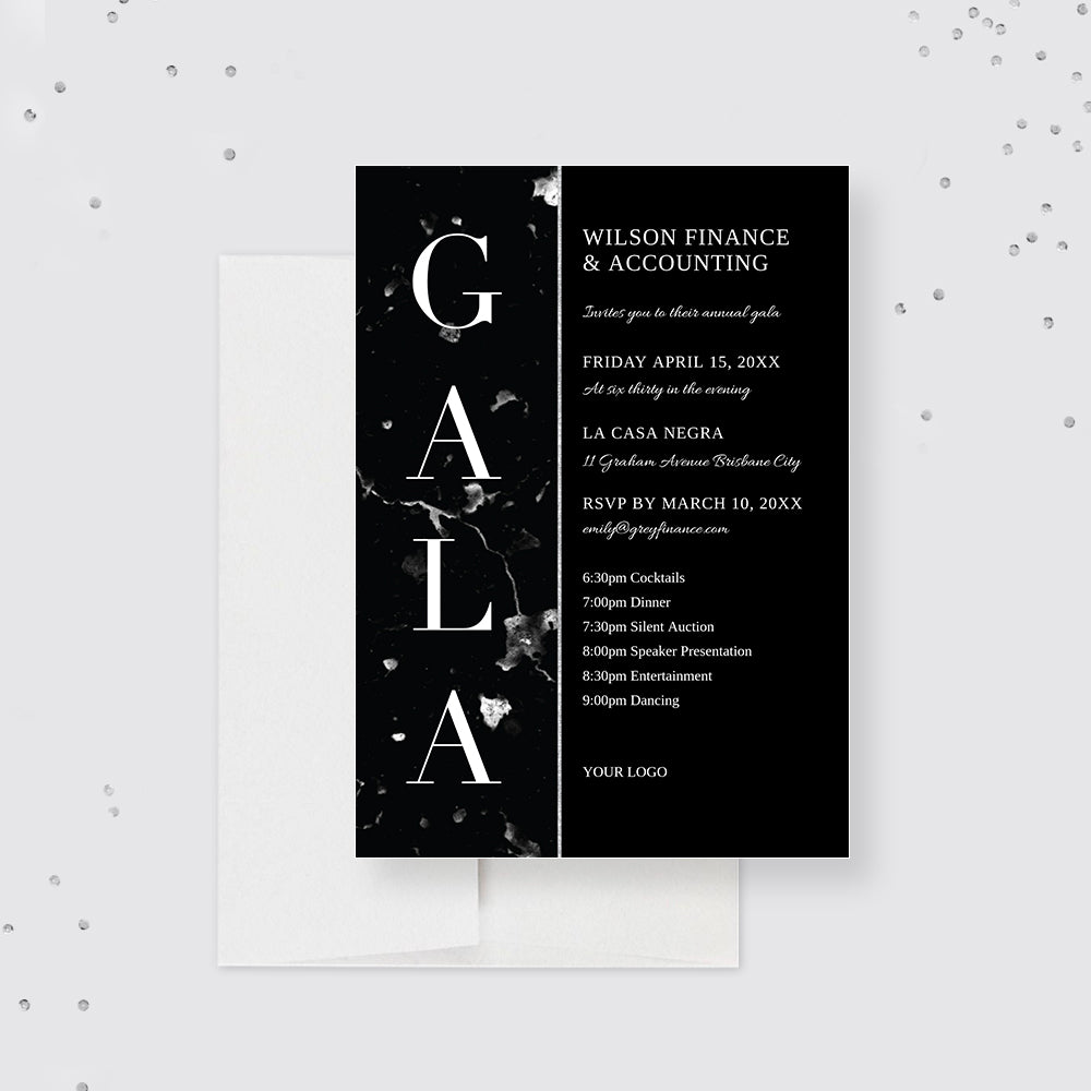 Gala Invitation Editable Template with Black Marble Design, Business P