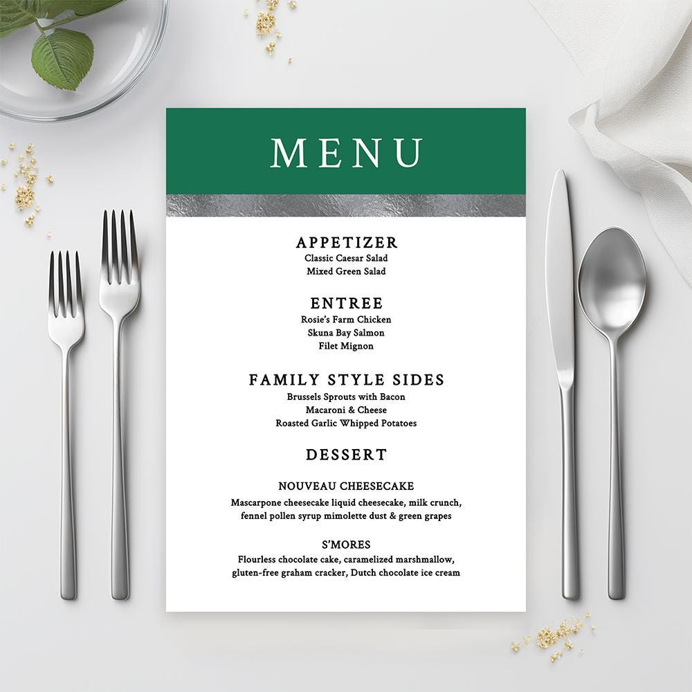 Menu Card Template Digital Download in Green and Silver — Claudia Owen