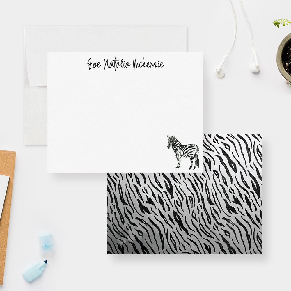 Personalized Zebra Note Card Set, Zoo Animal Stationery for Women and