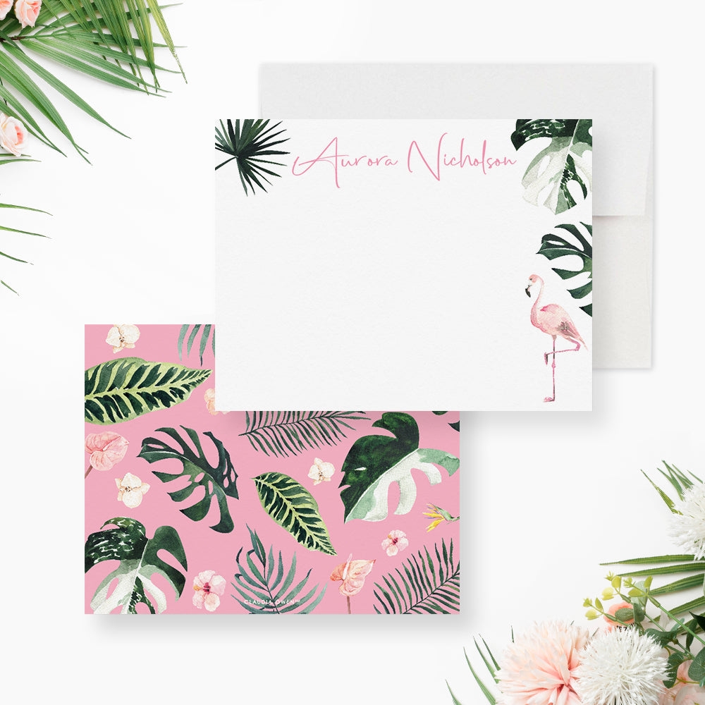 Pink Flamingo Note Card Set, Personalized Tropical Print Stationery fo
