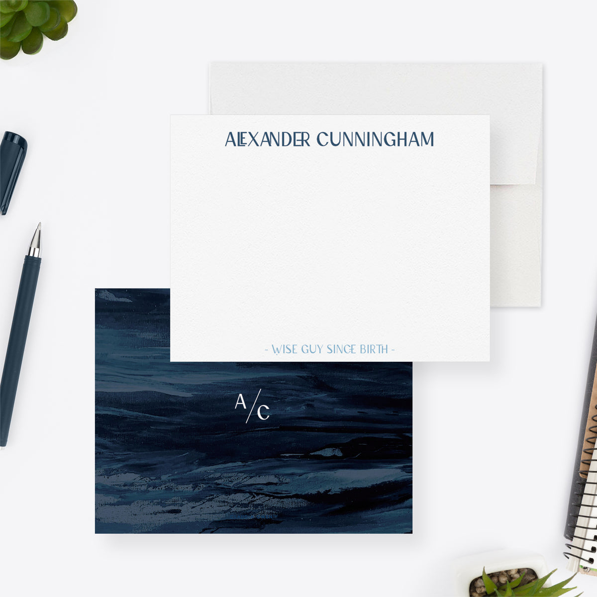 Personalized Men Note Card with Envelopes, Blue Stationary For Men, Me