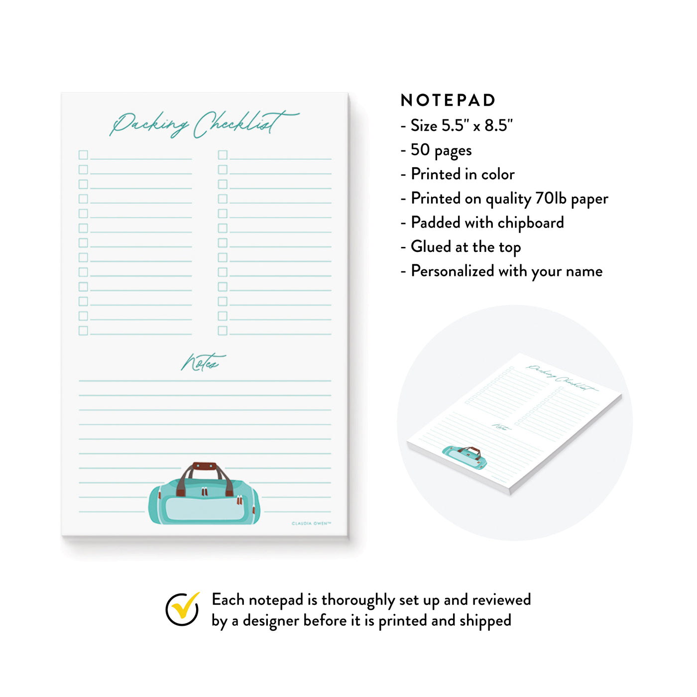 Packing Checklist with Notes Section, Packing List Notepad, Travel Che