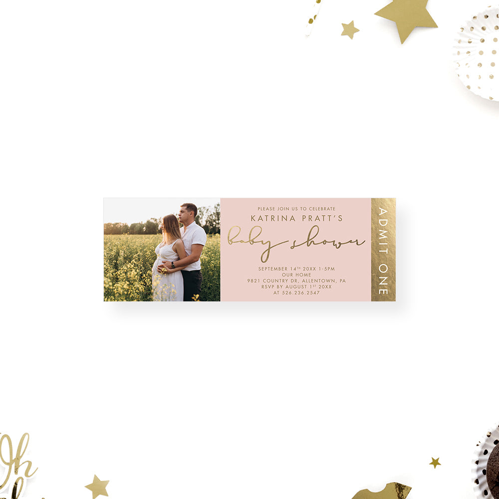 Pink and Gold Baby Shower Ticket Invitations with Maternity Photo, Per ...
