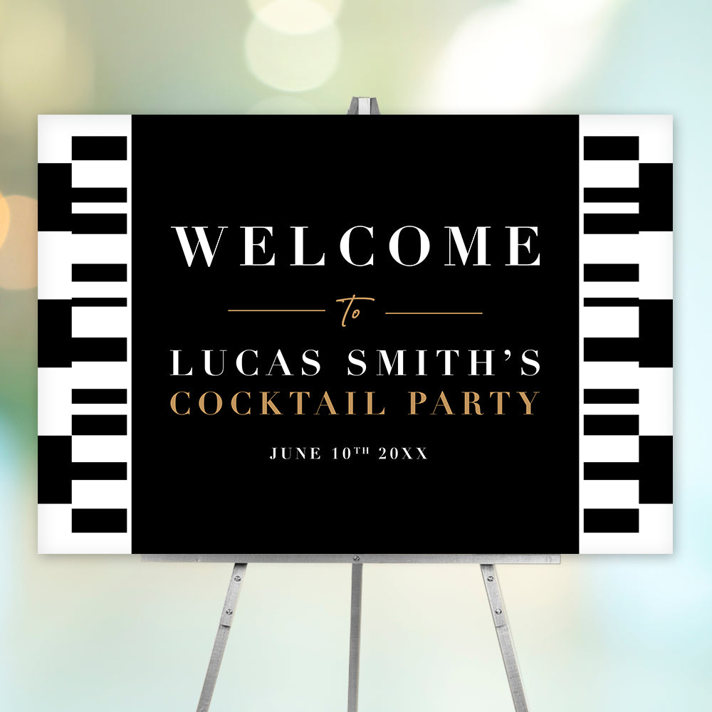 Black and White Cocktail Party Welcome Sign with Geometric Design ...
