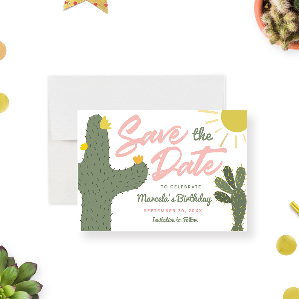 Unique Cactus Birthday Party Save the Date Card for Girls, Nature Them