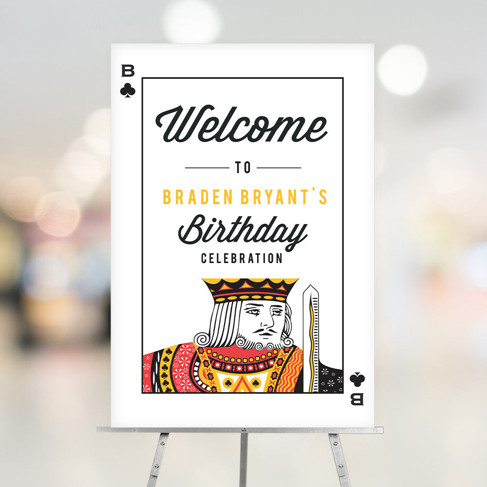 Casino Birthday Party Welcome Sign with King of Clubs Card Design