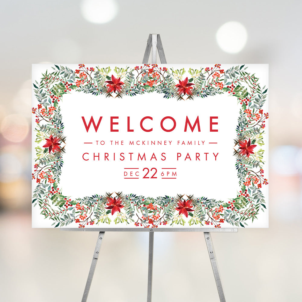 Christmas Party Welcome Sign with Festive Holiday Wreath Design