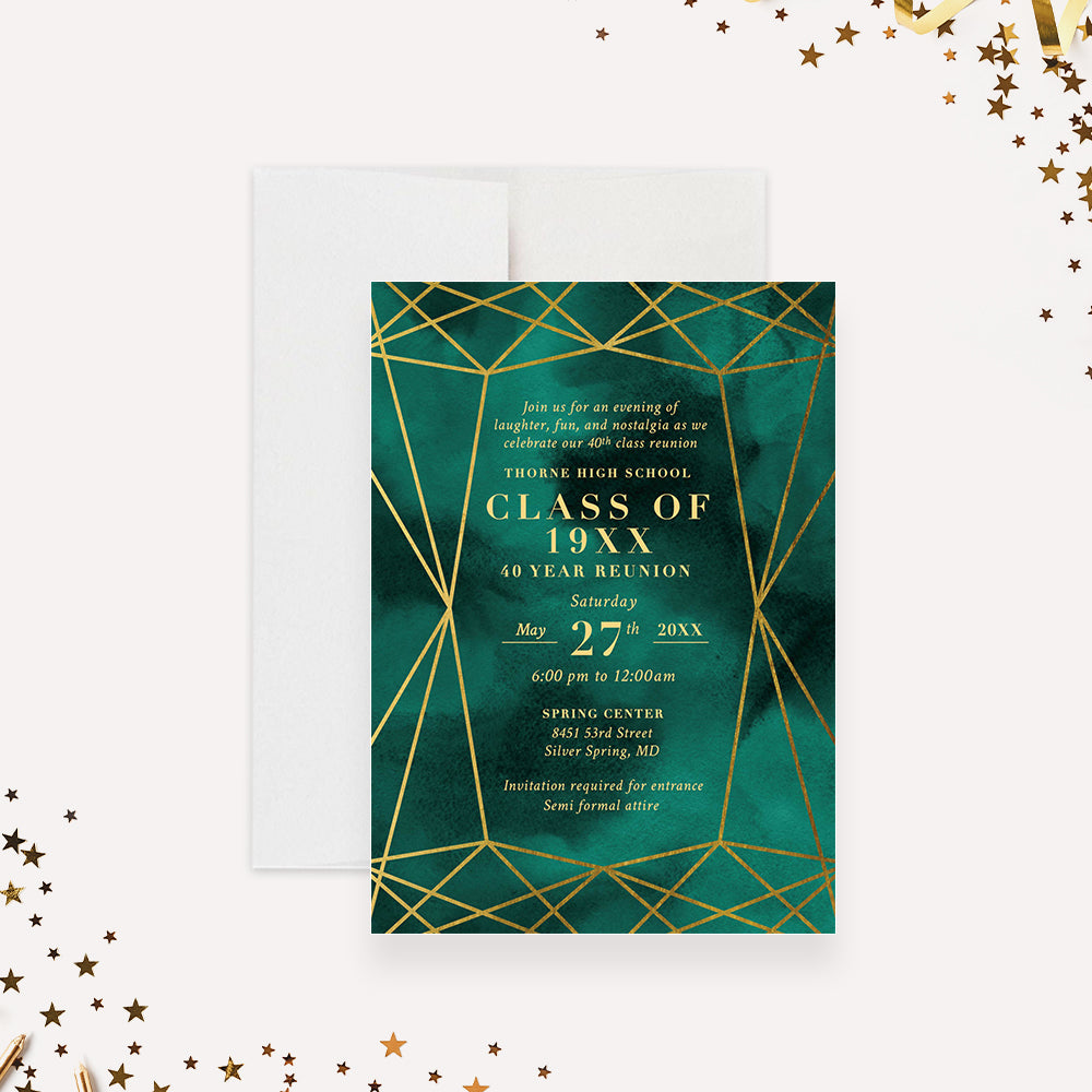 Class Reunion Invitation Card with Gold Jewel Geometric Lines, Emerald