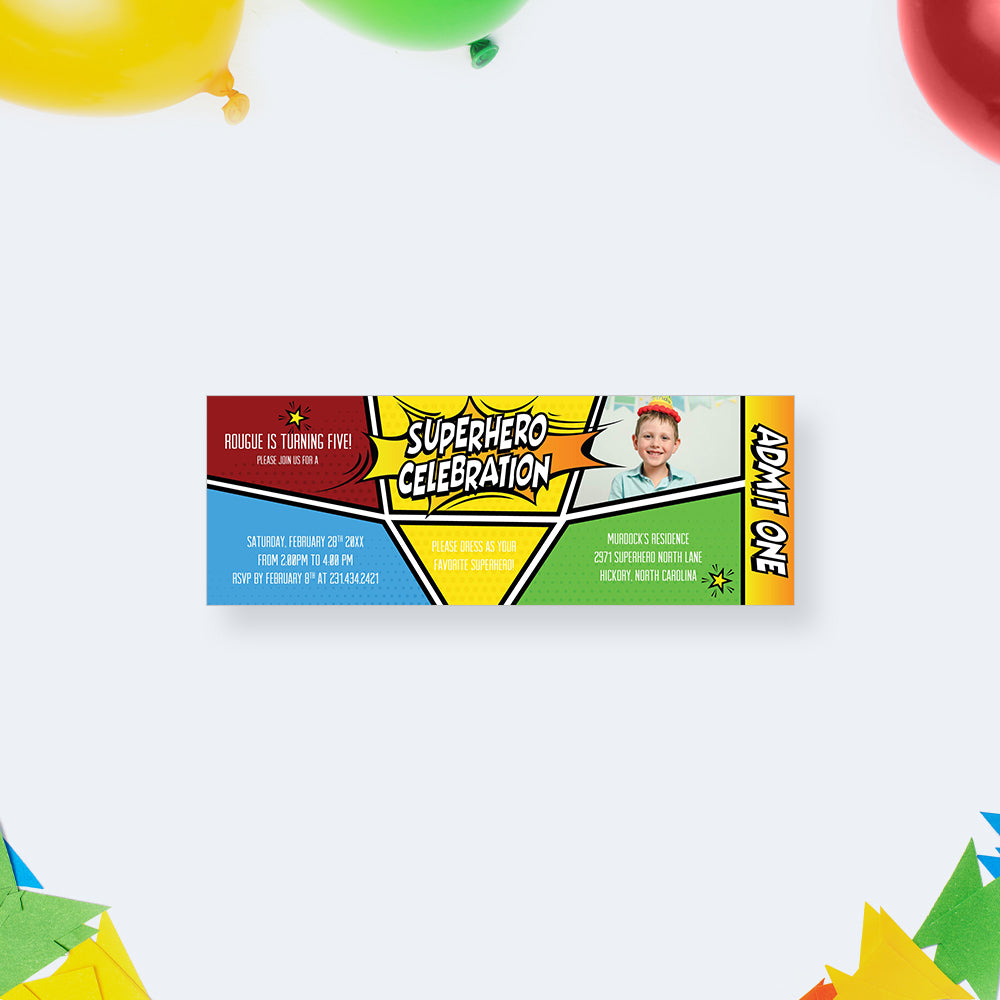 Fun Superhero-Themed Birthday Party Ticket Invitation with Photo, Colo