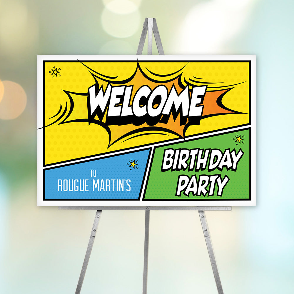 Colorful Superhero Birthday Party Welcome Sign, Comic Book Style Entra