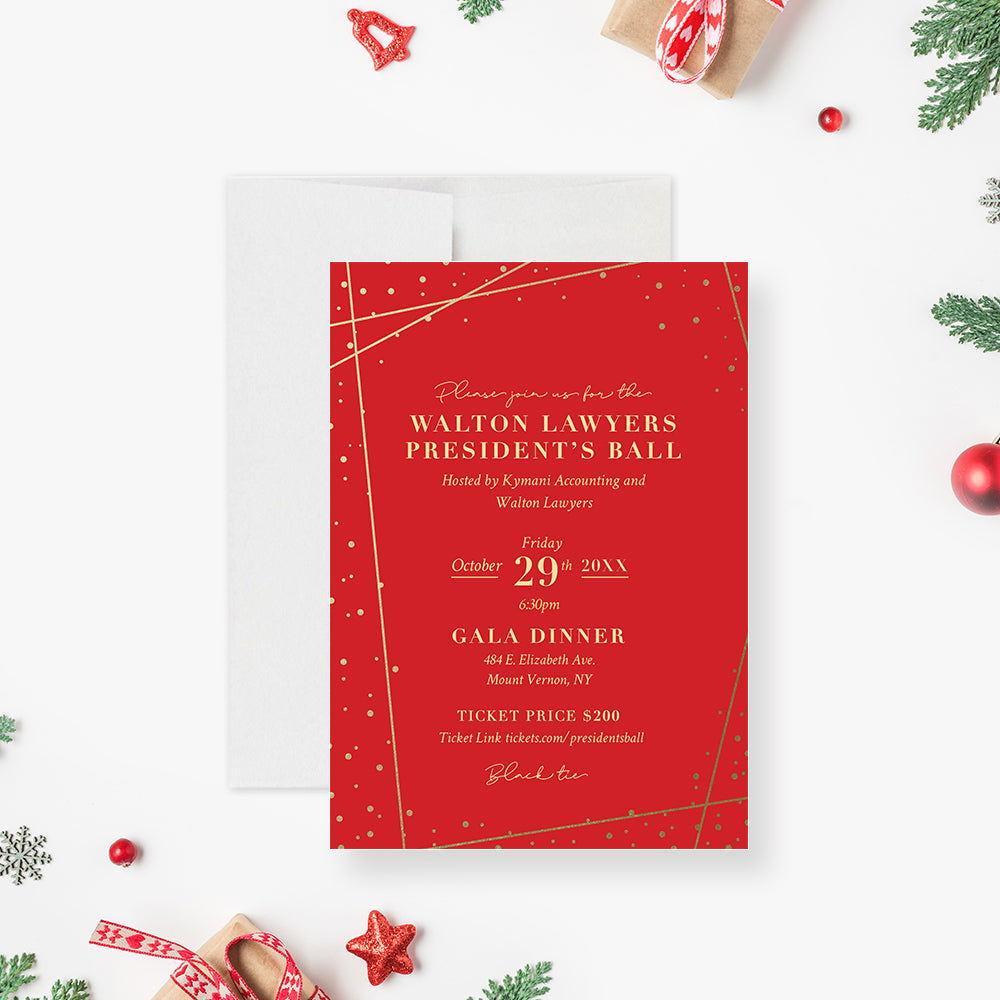 Corporate Gala Dinner Invitation Card with Gold Confetti, Red Invitati