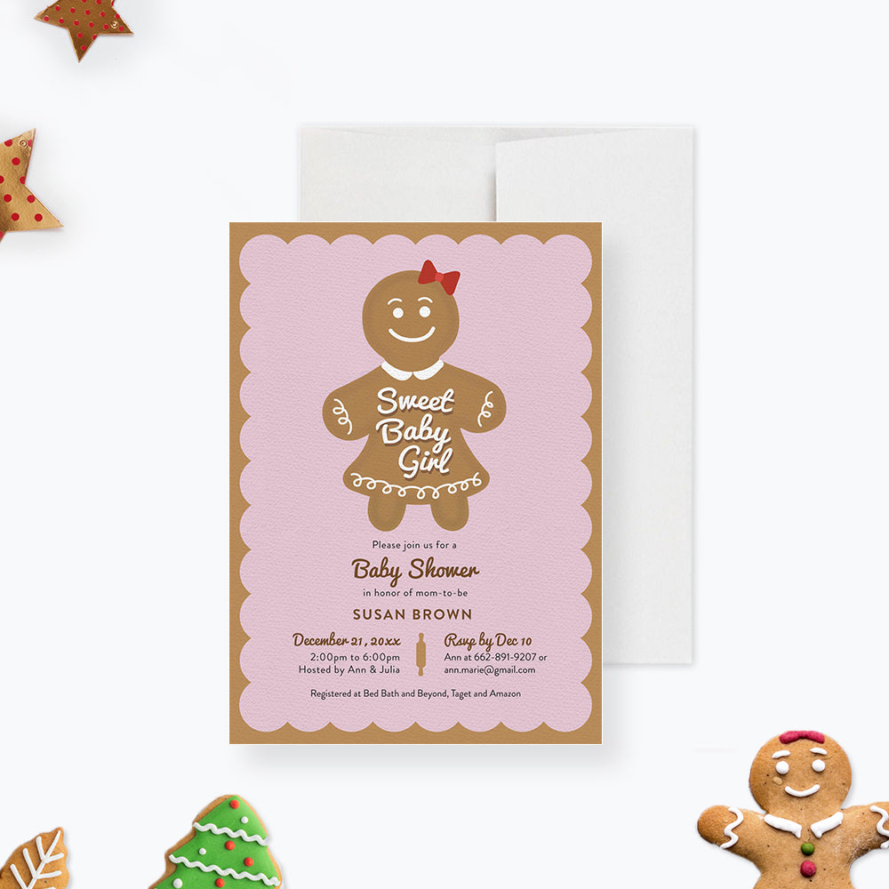 Gingerbread Baby Shower Invitation Card, Sweet Baby Girl Shower Invite