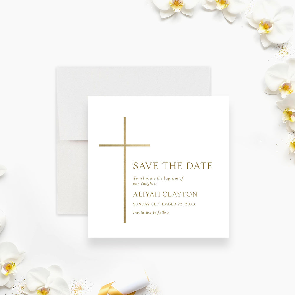 Baptism Save the Date Gold Cross Religious Invitation