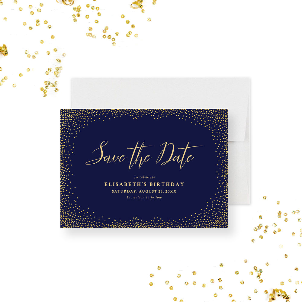 Navy and Gold Save the Date Birthday Party Card
