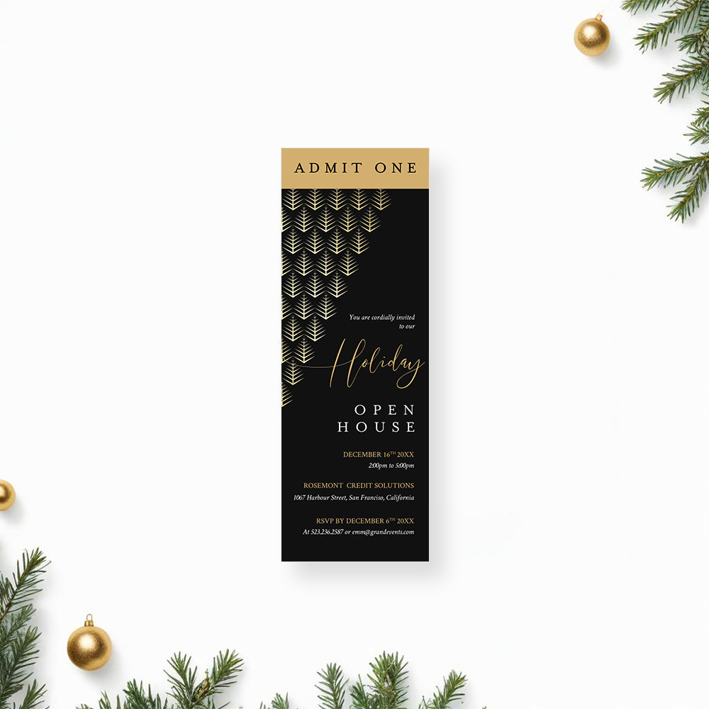 Elegant Holiday Open House Ticket Invitation in Black and Gold, Corpor ...