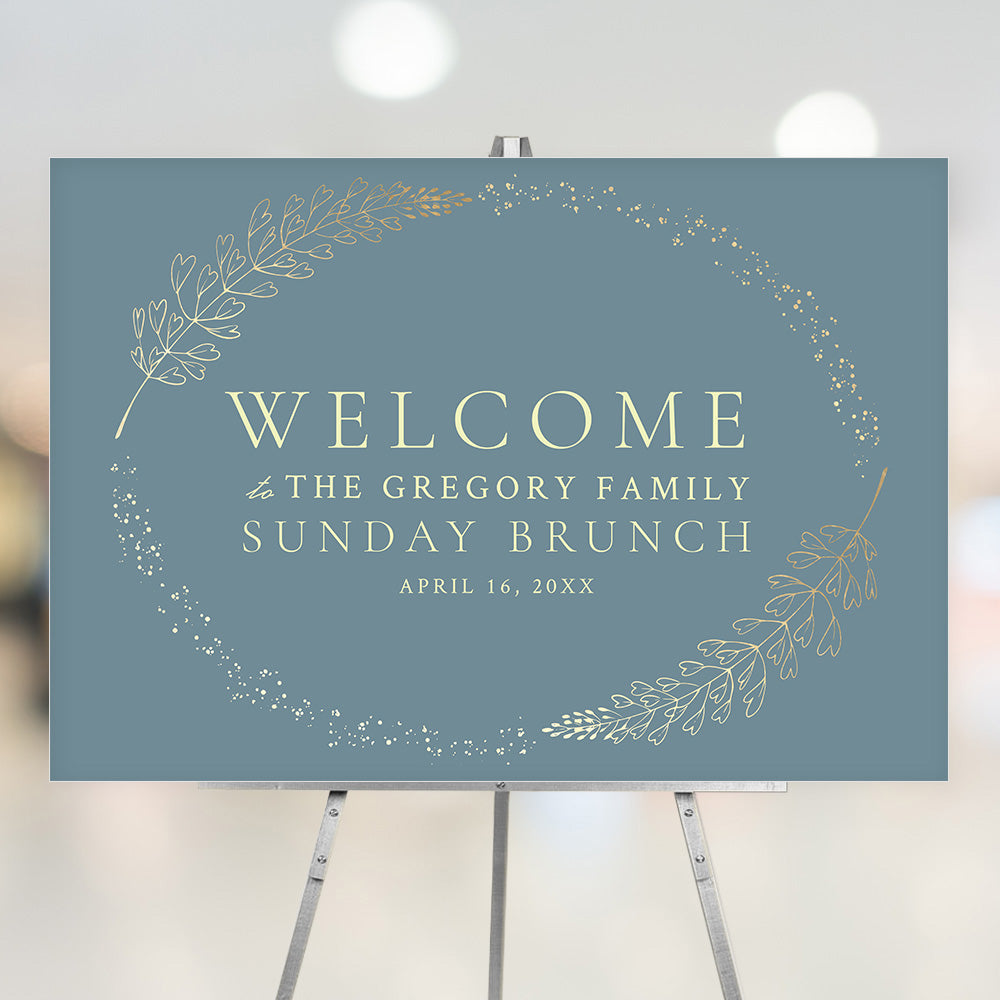 Personalized Brunch Party Welcome Sign Elegant Blue and Gold Design